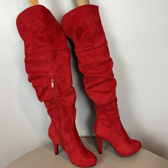 Unbranded | Shoes | Red Velvet Slouch Knee High Boots Womens Us Size 55 ...